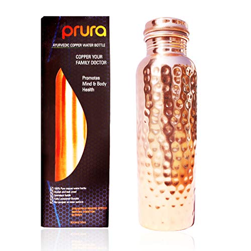 PRURA Pure Printed Copper Water Bottle - Leak Proof Ayurvedic Drinkware Copper Vessel for Sports, Gym, Outdoors, Yoga, Health Benefits (30 oz)