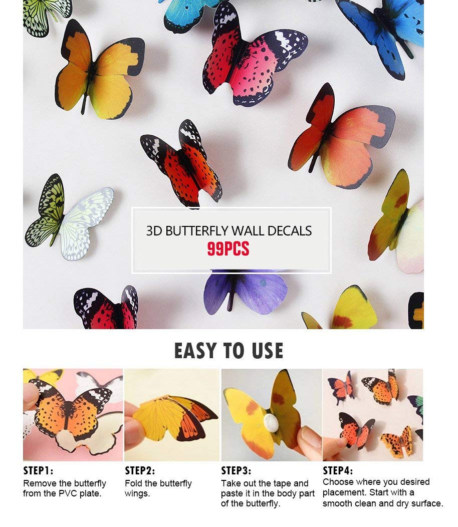 Butterfly Wall Decals 99Pcs 3D Butterflies Wall Stickers Removable, Mural Decor for Kids Room Bedroom Decor Living Room Decor …