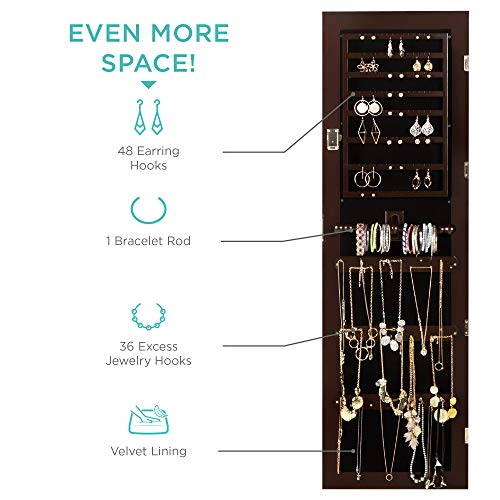 Best Choice Products 6-Tier Full Length Standing Mirrored Lockable Jewelry Storage Organizer Cabinet Armoire w/ 6 LED Interior Lights, 3 Angle Adjustments, Velvet Lining, Espresso