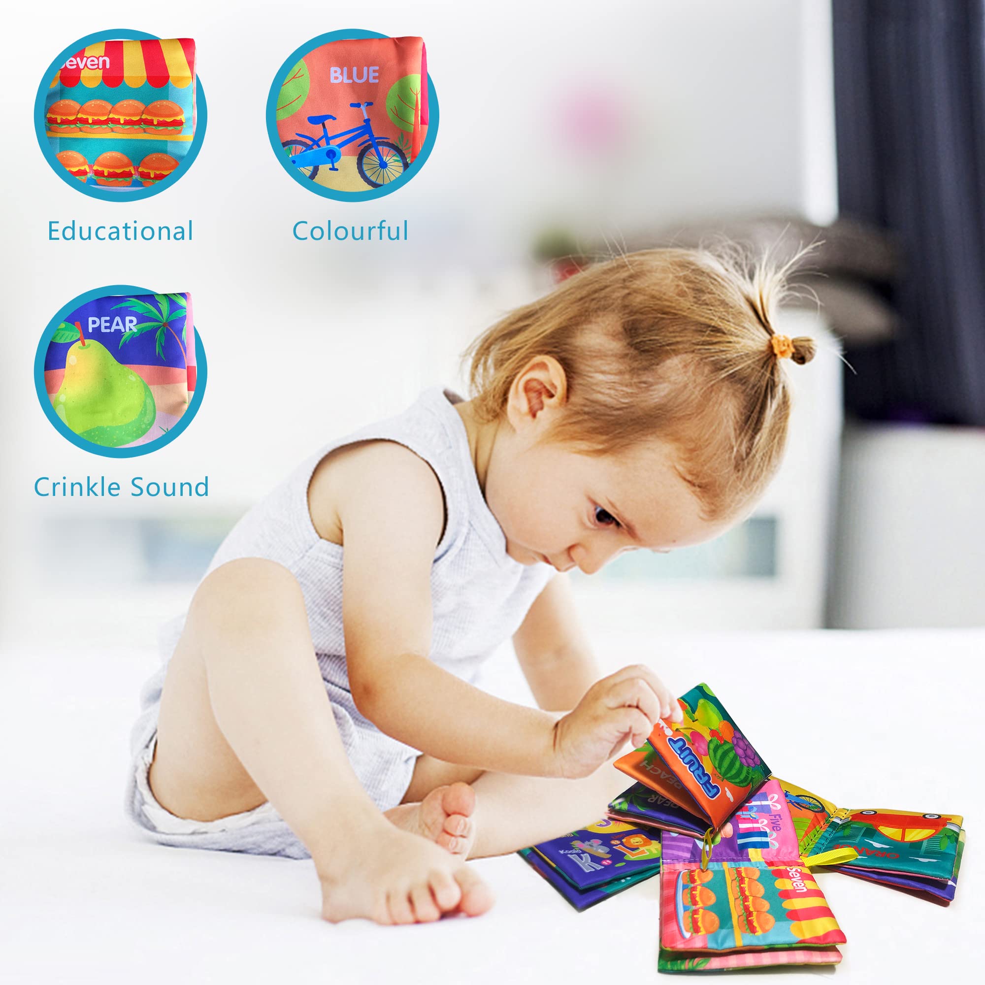 AMINFUN Soft Cloth Baby Book Toy 0-6 Months, Baby Learning Book(ABC-Z,1-10,Colour,Fruit,4 Pack),Touch and Feel Crinkle Book Infants 6-18 Months,Early Educational Toy 0-3, Gift for Babies Infants