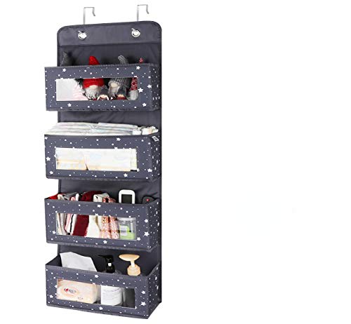 Lemonfilter Over the Door Organizer, Hanging Storage Organiser with 4 Larger Pockets, Clear Window Pocket Organizer Hanging Storage Organizer for Pantry Baby Nursery Bathroom (Dark Gray)