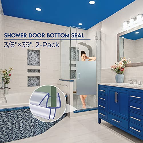 2-Pack Tarpuglider Shower Door Bottom Seal with Internal Grips and Sweep Strip - Frameless Glass Shower Door Seal Strip with Adjustable Length -Stop Shower Leaks -Clear Vinyl (3/8β (9-10 mm) x 39")