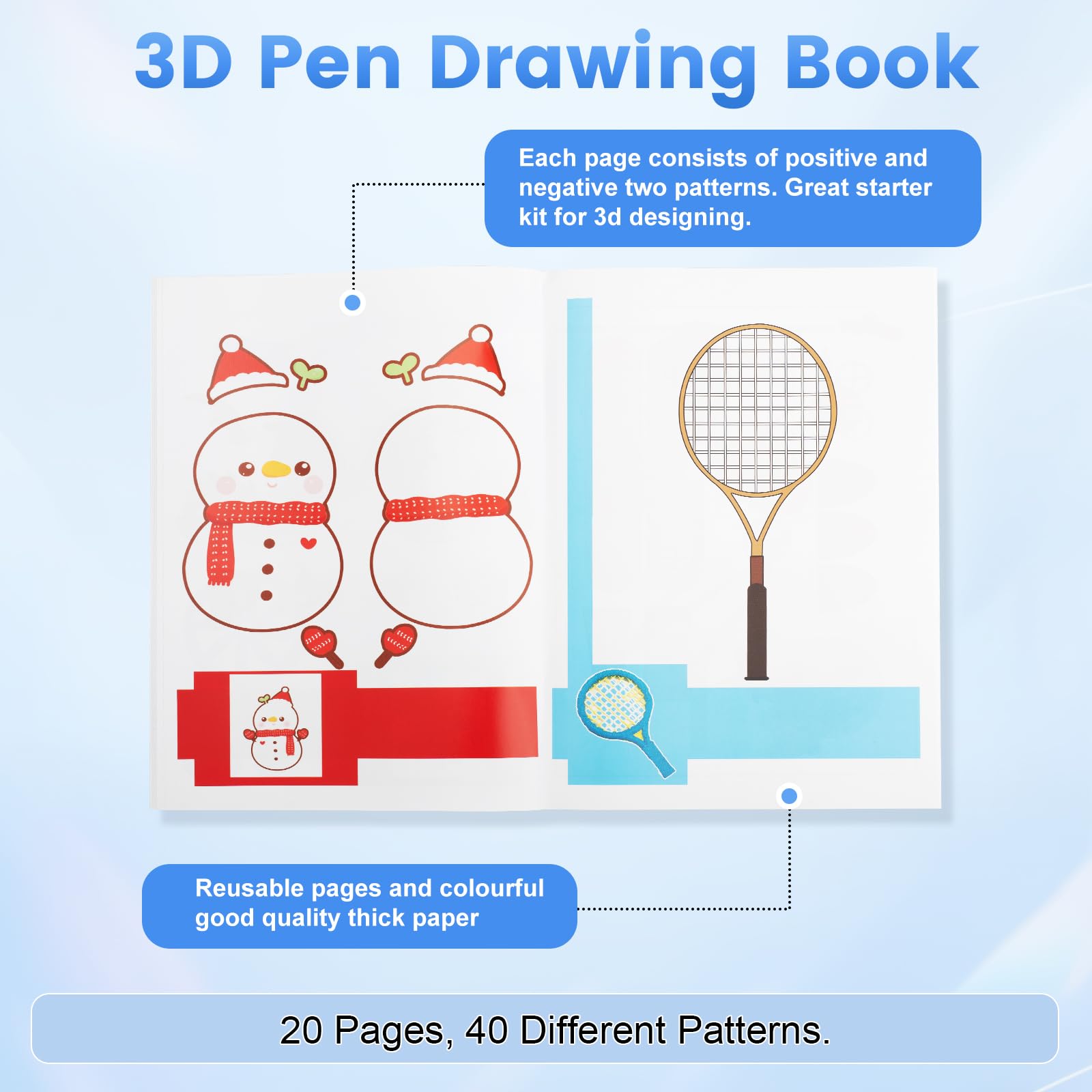 3D Pen Stencils, 20 Pages 40 Patterns 3D Drawing Book Templates, with a Reusable Transparent PVC Drawing Board, 3D Art Pen Accessories for Kids Ages 8-10 and Adults Starter for 3D Printing Pen