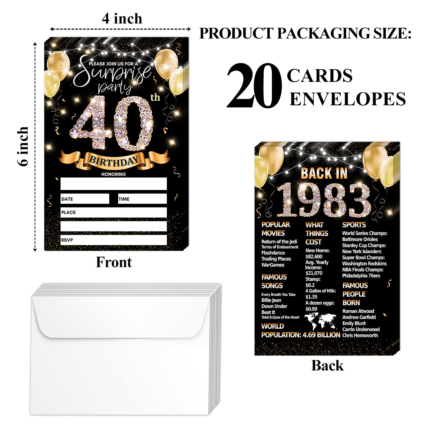 40th Birthday Party Invitation Card - Black Gold Invites with Back In 1983 Poster Printing On The Back Double-Sided Fill-in Invites - 20 Cards with Envelopes for Party Favors - sr-13