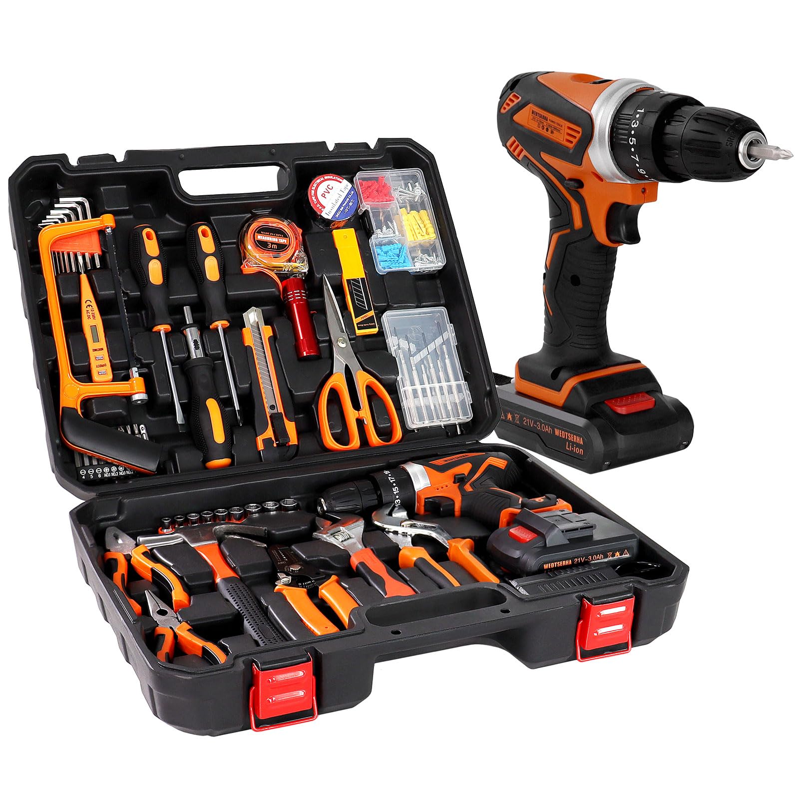 21V Cordless power drill bit&tool kit set,3/8"Keyless Chuck,25+1Clutch,Dual 2Variable speed settings:0-1500 RPM,1.5Ah Li-Ion Battery 3000mAh Rechargeable Used3~5H,life ​260times for Home tools box