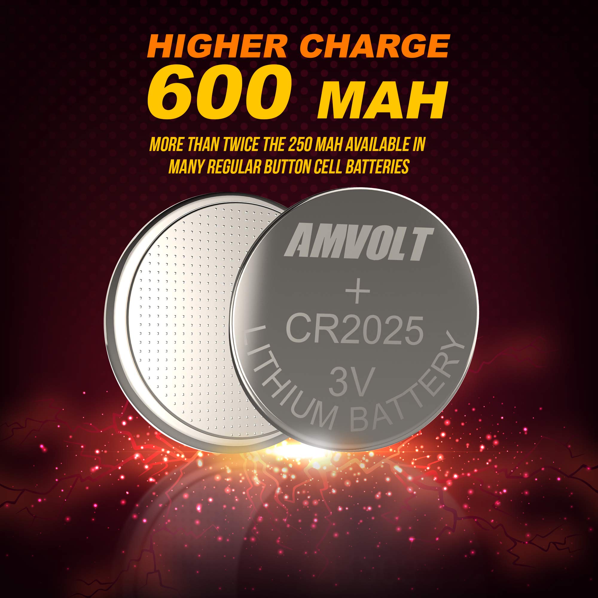 AmVolt- Pack of 8 CR2025 Batteries, 220mAh 3 Volt Lithium Battery, Long Lasting Coin Cell 2030 Batteries for Small Electronic Devices