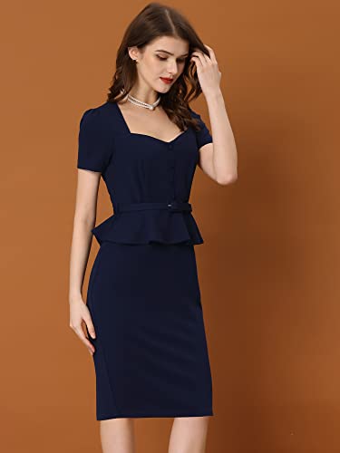 Allegra K Women's Peplum Sweetheart Neck Short Sleeve Wear to Work Office Sheath Dress Small Navy Blue