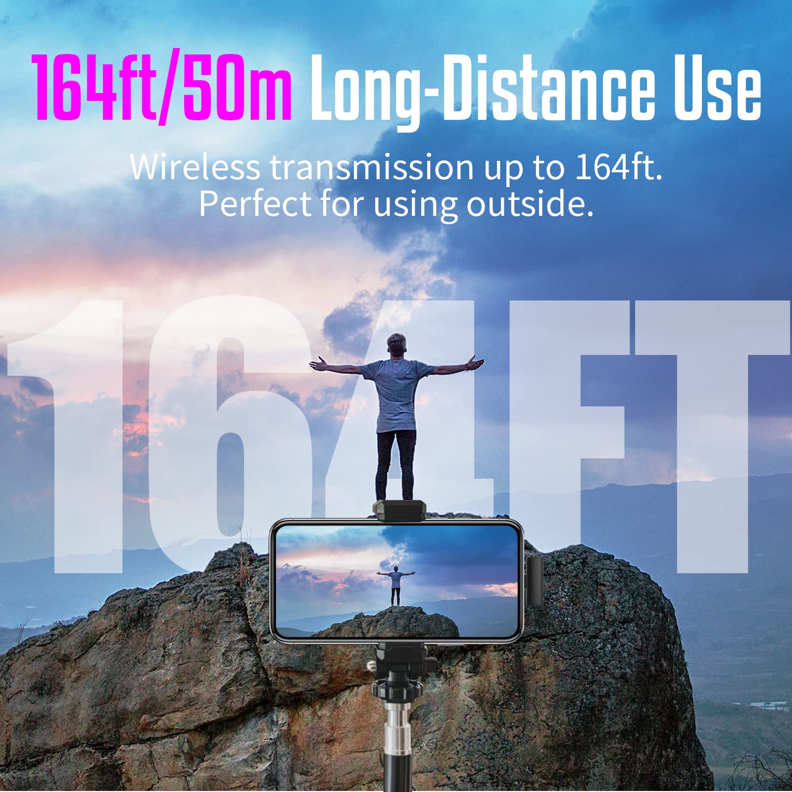 2 Pack Wireless Lavalier Microphone for iPhone Ipad, Noise Reduction Lapel Microphone Wireless with Charging Case, 164ft Omnidirectional Lav Mic for Video Recording, Vlogging, YouTube, Interview