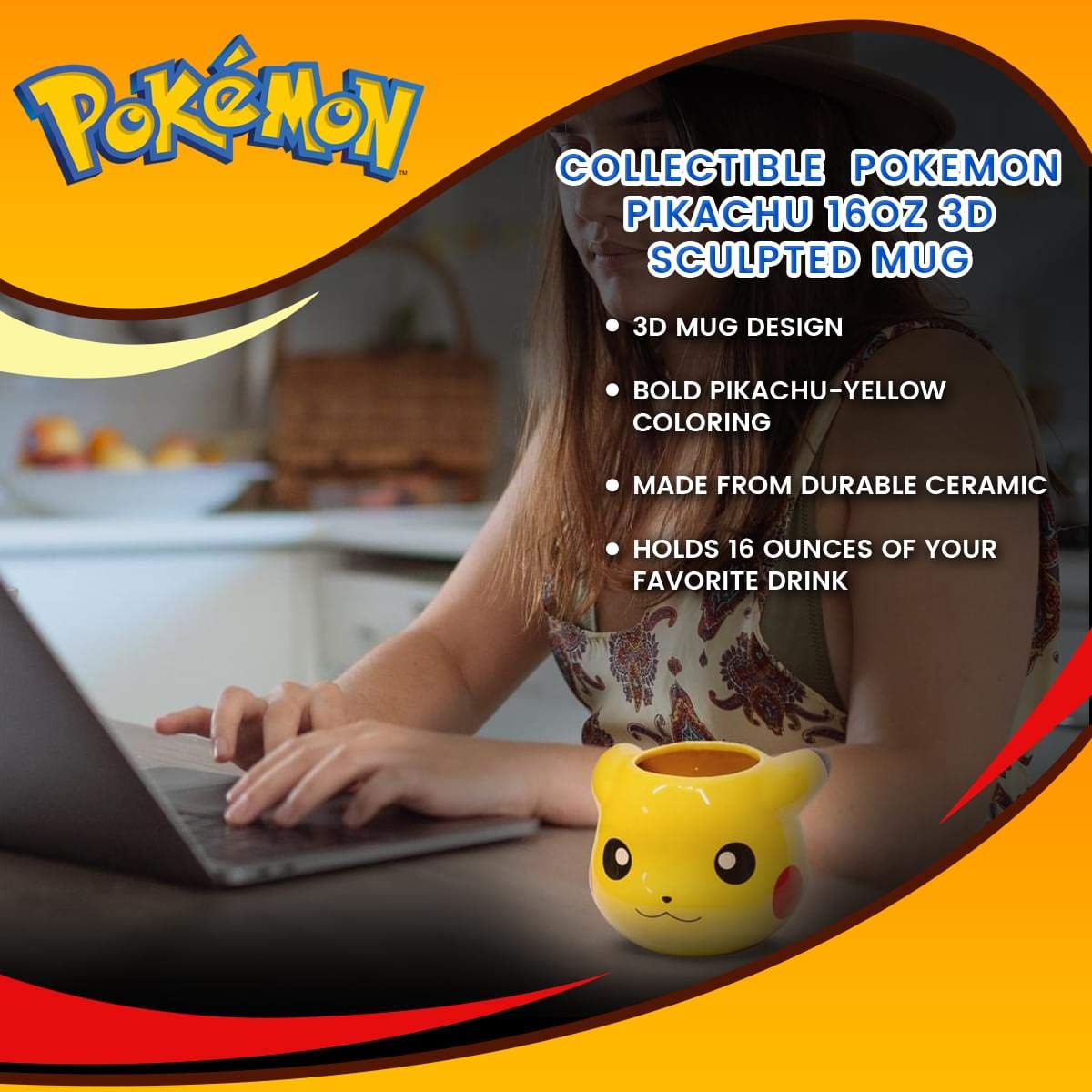 16 OZ Pokemon OFFICIAL Pikachu Face Molded Yellow Ceramic Coffee Mug, Novelty GIFT for Pokemon fans