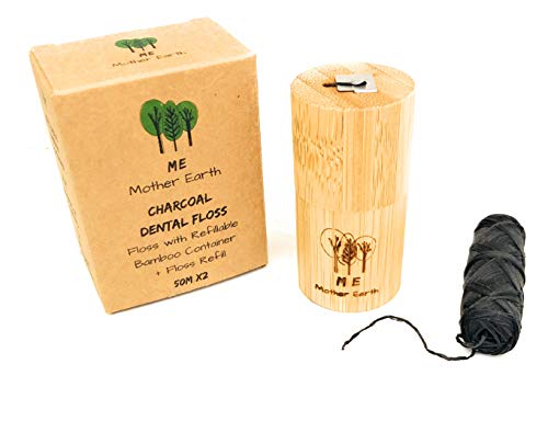 Vegan Biodegradable Bamboo Charcoal Dental Floss with Refillable Bamboo Container | Free Refill | Natural Candelilla Wax | 55yds x2 | Peppermint Essential Oil | Eco Friendly | Zero Waste Oral Care
