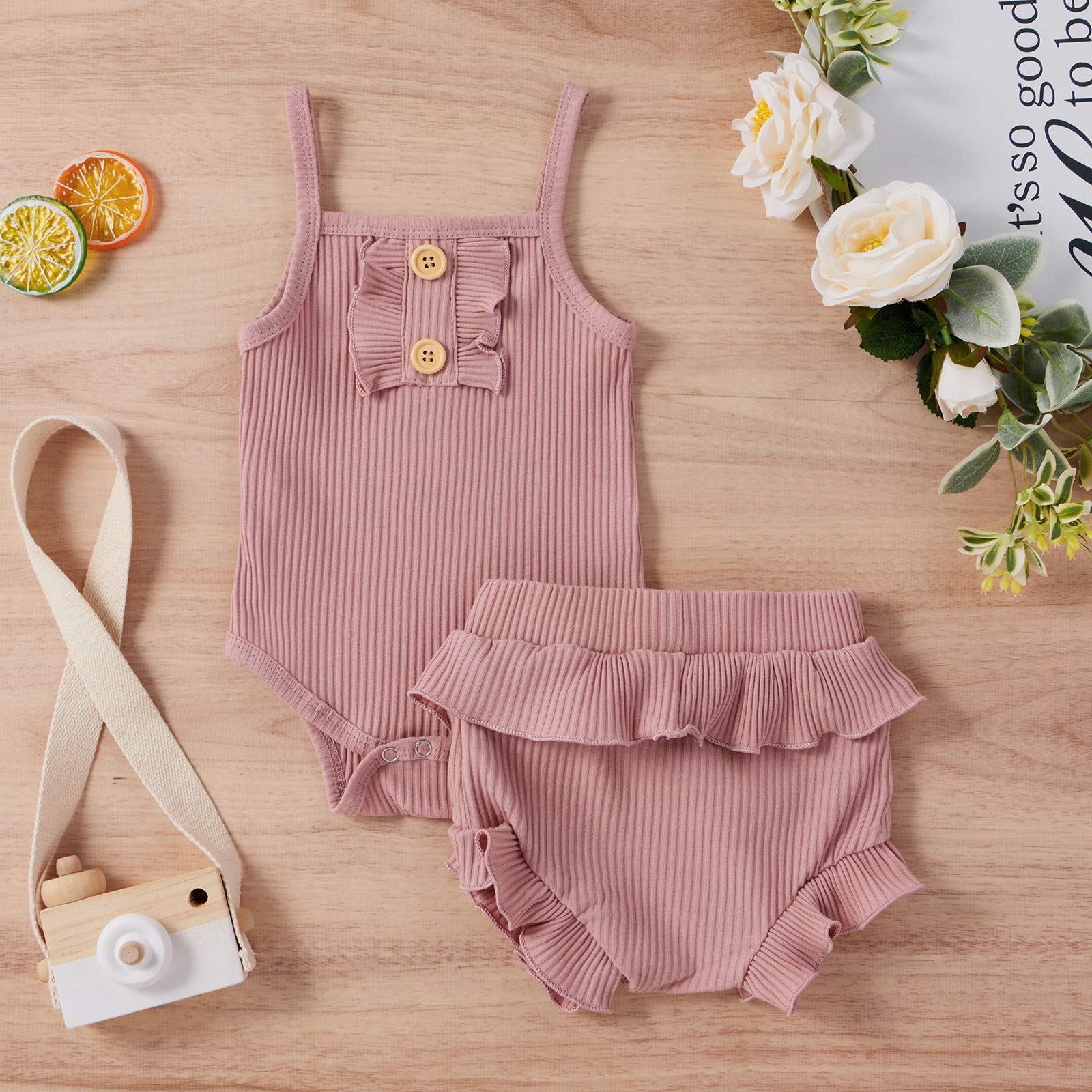 Dimoybabe Baby Girl Summer Clothes Bloomer Knit Cotton Outfits Infant Romper Strap Sleeveless Ruffle Light Pink 3-6 Months 80CM