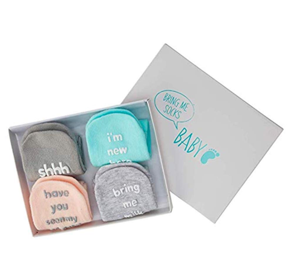 Baby Socks Gift Set - Unique Baby Shower or Newborn Gift - 4 Pairs of Cute Funny Quotes in Gift Box