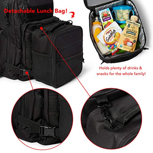 Brinero Diaper Bag Backpack for Dad, X-Large Bag With USB Port, Detachable Lunch Box, XL Changing Pad, 2 Large Water Bottle Pockets, Stroller Straps, Wipe Pocket Military Diaper Bags