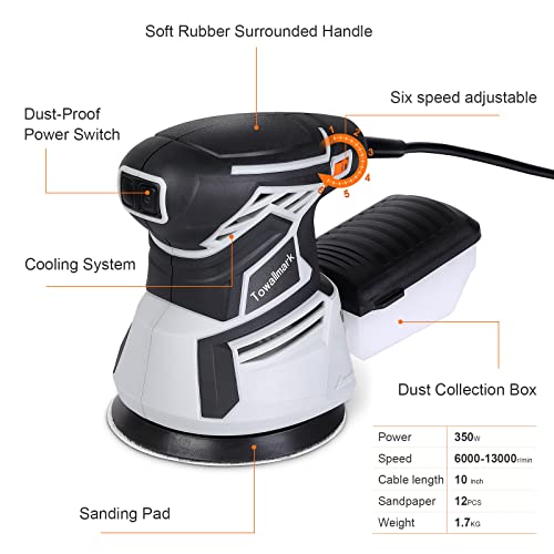 2.6A Random Orbital Sander,Towallmark 350W Orbital Sander with 6 Variable Speed,13000RPM Electric Sander with 12Pcs Sandpapers,1 Pcs Dust Box,Sander for Woodworking