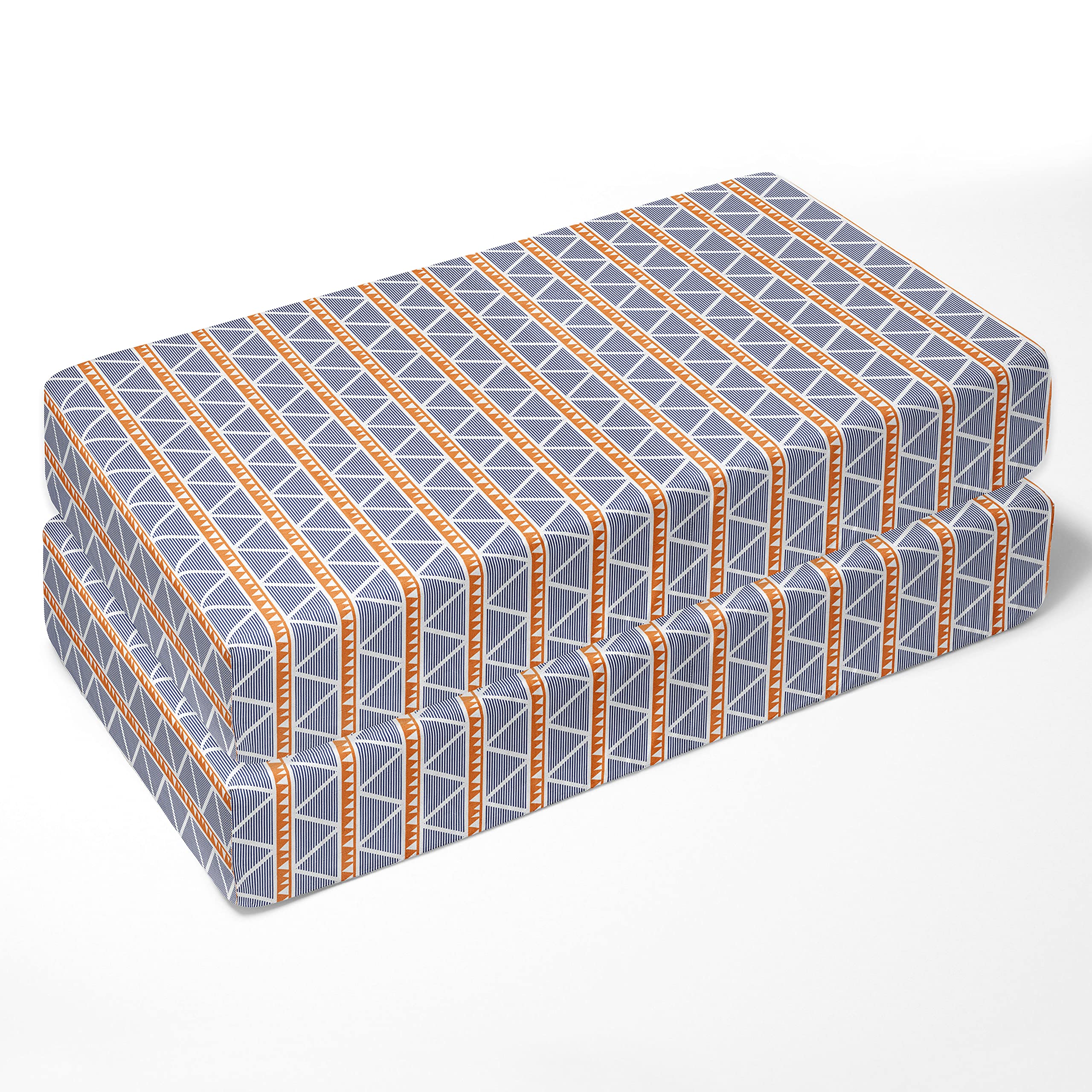Bacati - 2 Pack Tribal/Aztec/Triangles Silky Soft Breathable 100% Cotton Muslin Baby Crib Fitted Sheets - Fits Standard 28 x 52 x 5 Crib & Toddler Mattresses (Orange/Navy Large Triangles)
