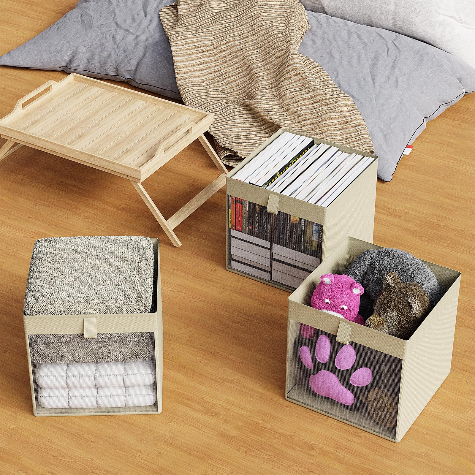 4 Pack 13x13 Storage Cube, Large Cube Storage Bins with Clear Window, Fabric Cube Storage Bins Collapsible Storage Cube Bins for Organizing, Shelves, Toys, Clothes (Beige)