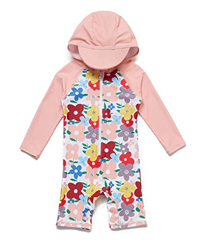 BONVERANO Baby/Toddler Girl's Hooded Swimsuit UPF 50+ Sun Protection L/S One Piece Zip Sunsuit (Pink Flower, 6-9mos)