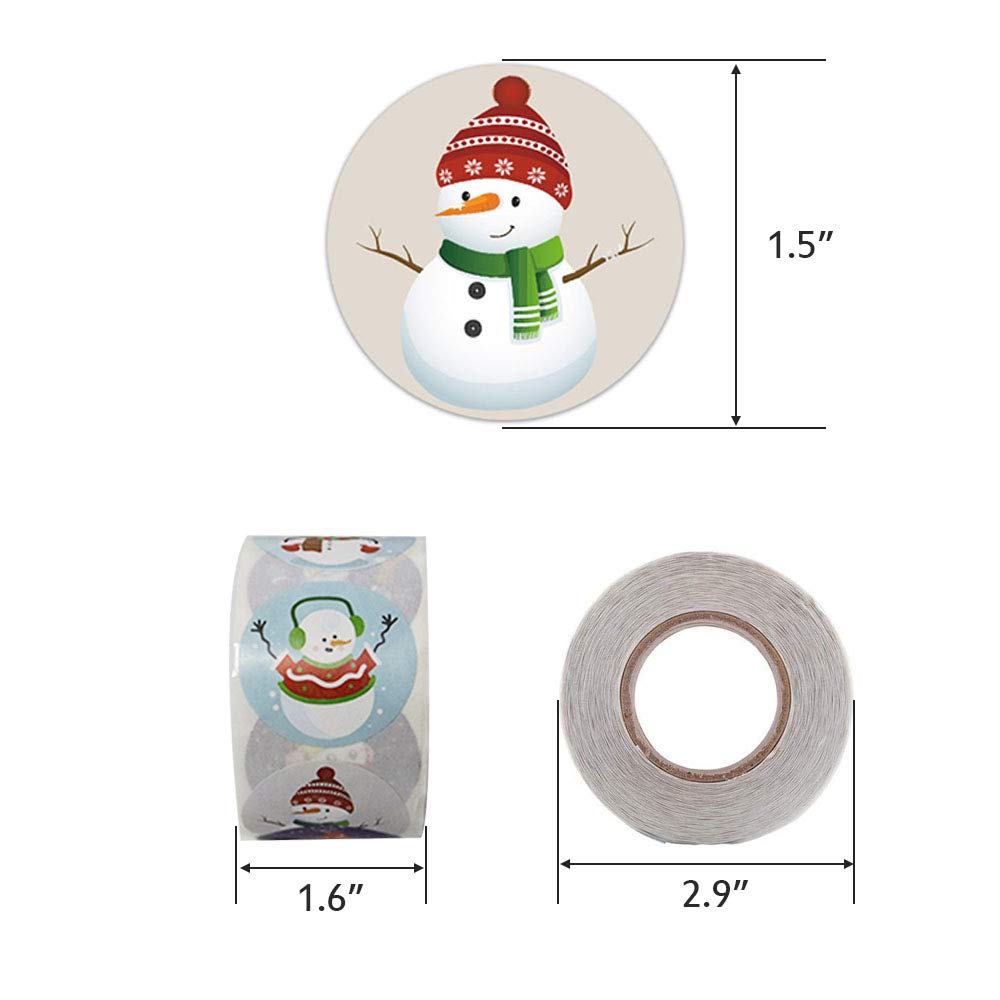 Christmas Stickers, 500 PCS 1.5” Merry Christmas Labels with 6 Snowman Patters, Round Roll Self Adhesive Seals for Xmas Favor Gift Cards Envelopes