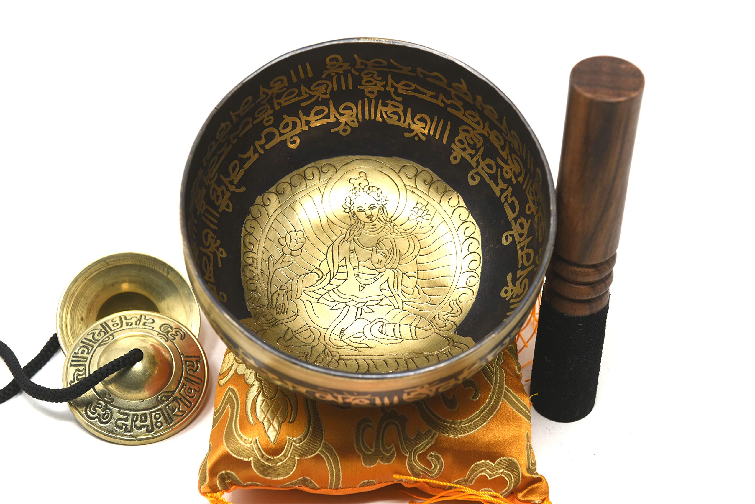 8" Healing Meditation Mantra Carved Singing Bowl, Etching Tibetan Art, Hand Hammered Singing Bowls with Silk Cushion, Gong & Mallet Striker