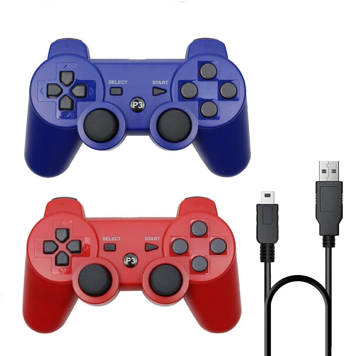 2 Pack PS3 Wireless Controller Playstation 3 Controller Wireless Bluetooth Gamepad with USB Charger Cable for PS3 Console (Red+White)
