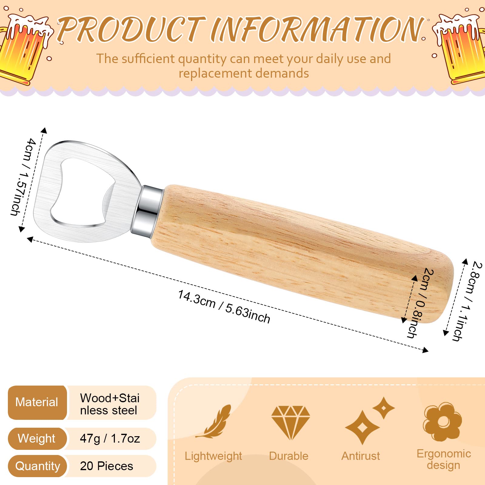 20 Pcs Stainless Steel Bottle Opener Bartender Wood Beer Opener Cider Wine Opener Bottle Opener with Wooden Handle Engraved Gift Set for Wedding Party Home Kitchen Bar Restaurant