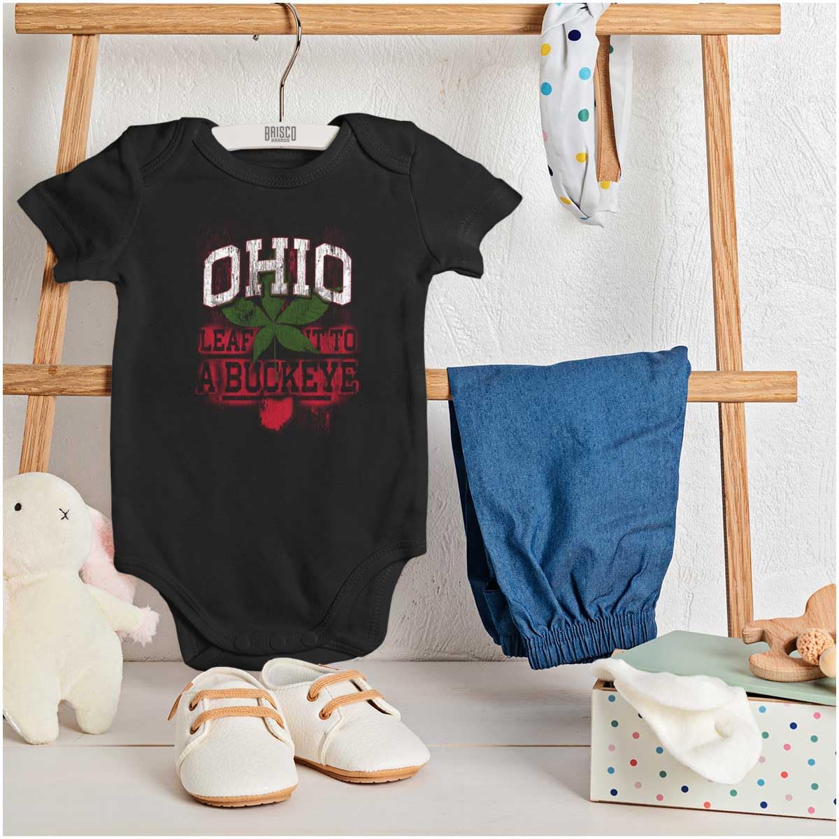 Brisco Brands Ohio Stenciled Buckeye Leaf OH Cool Baby Romper Boys or Girls