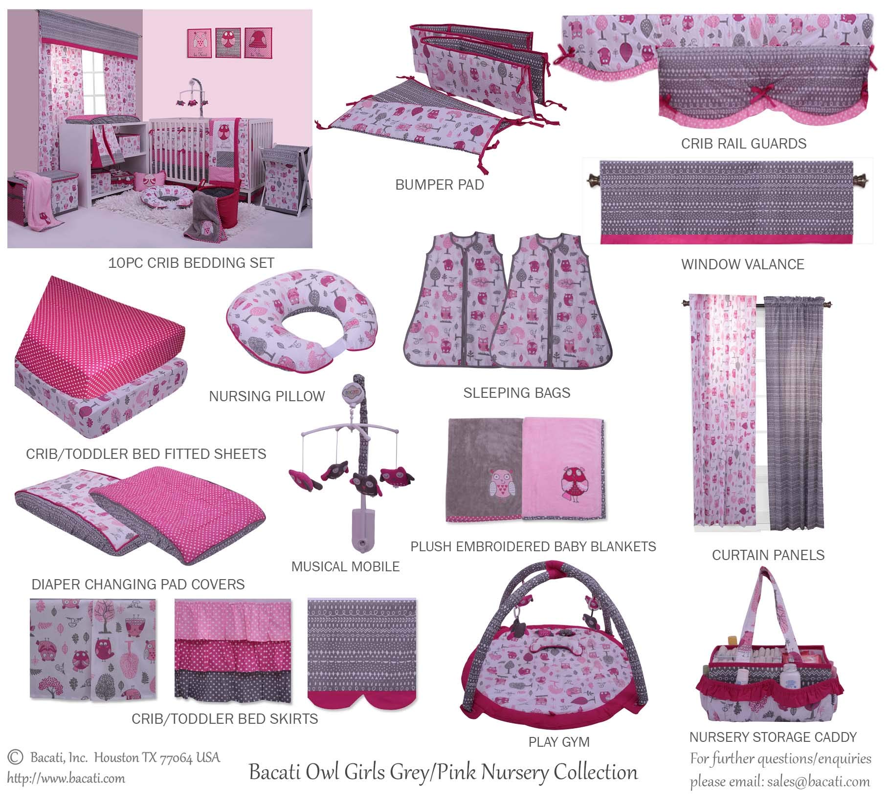 Bacati - Owls Pink/Grey Girls Cotton 3 Pc Full/Queen Comforter Set, Grey/Pink