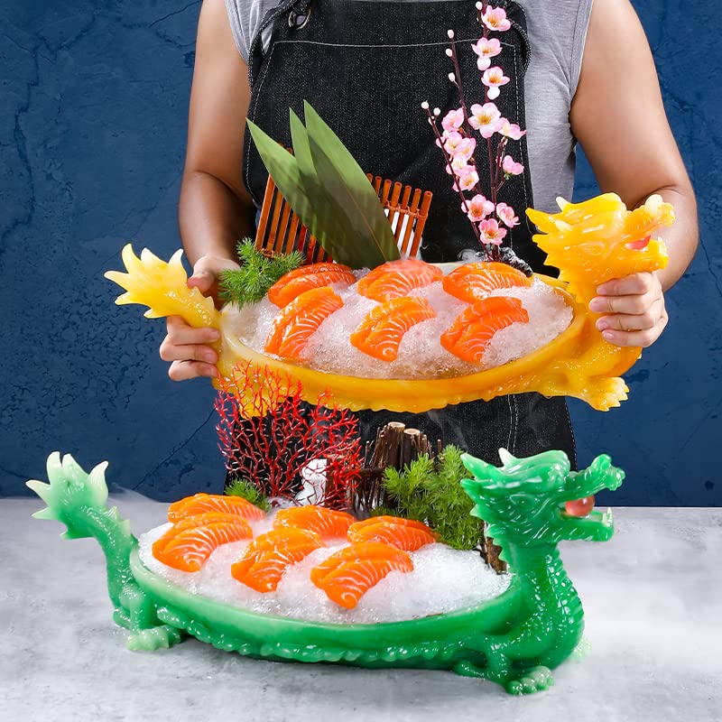2 PCS Resin Dragon Sushi Boat Serving Tray Set, 21.3Inch Seafood Plate, Japanese Food Tableware, Salmon Platter, Dry Ice Plate, Large Sushi Boat Plate for Sashimi Board Seafood Party, Gold/Green