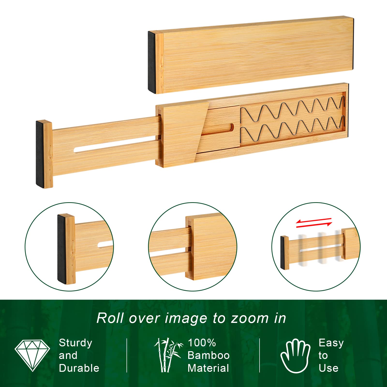 4 Pack Bamboo Drawer Dividers, Adjustable Length from 12 Inch to 17 Inch, Expandable Kitchen Drawer Organizer, Drawer Organization Separators for Clothes, Kitchen, Bedroom, Dresser, Office (Beige)
