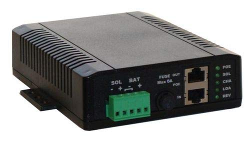 24V 8A PWM Solar Battery Charger w/ 24V 24W Passive PoE Out and 24V 1.5A Aux Out, Accepts 36-57V 2.6A Passive PoE in for Aux Batt Chrg, PoE Pinout: 4,5V+; 7,8V-, Shielded, Incl DIN Rail Mt Kit, LVD