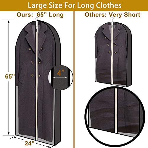 65" Garment Bags for hanging clothes, 4" Gussetes, Clear Moth Proof Suit Bag for Closet Storage or travel, Plastic Protector for wedding dress, long gowns, dance costumes, Sweaters, Shirts, Jackets,Coat, 5 Packs, Black