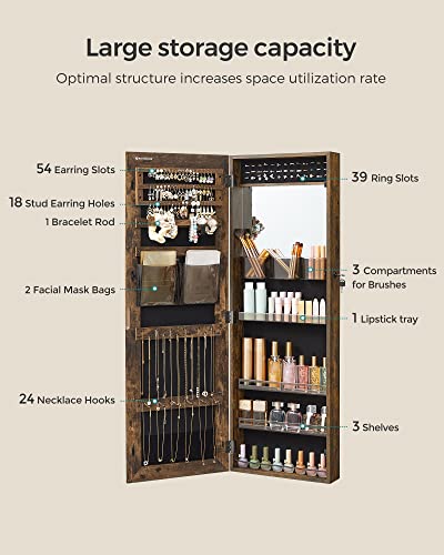 SONGMICS Jewelry Cabinet Armoire, Wall/Door Mount Storage Organizer with Full-Length Mirror, Lockable Cabinet with Built-in Small Mirror, Shelves, Gift Idea, Rustic Brown UJJC003X01
