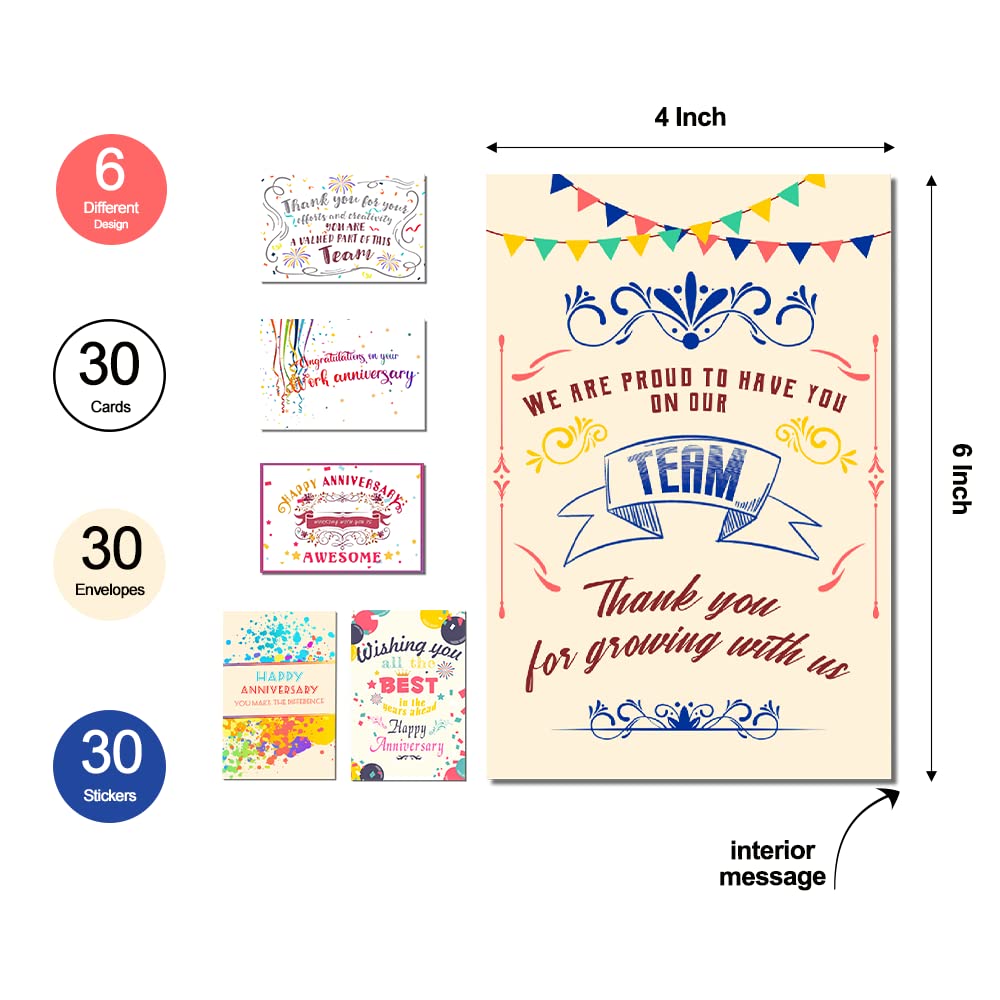 30 Pack Work Anniversary Cards Business Employee Appreciation Cards With Envelopes Thank You Stickers Greeting Card Bulk For Business Office 6 Designs