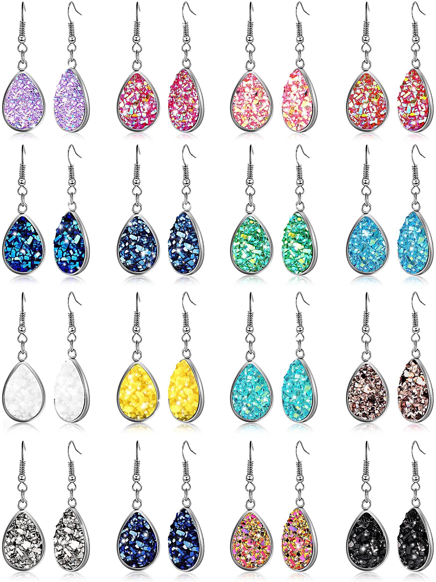 16 Pairs Faux Druzy Dangle Earrings Colorful Druzy Drop Earrings Resin Crystal Earrings for Women Girls (Waterdrop)