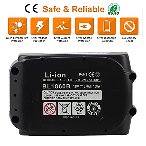2 Packs 18 Volt 6.0Ah Lithium BL1860B Replacement Battery Compatible with Makita 18V Battery LXT BL1815 BL1820 BL1830 BL1840 BL1845 BL1850 with LED Inidcator