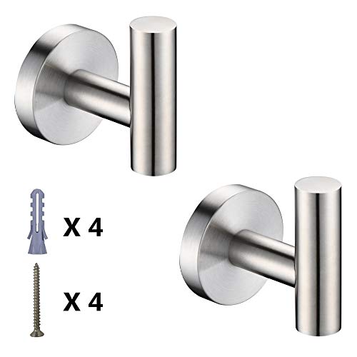 HILFA Premium Stainless Steel SUS304Towel Hook Square Robe Hook Coat Hook Heavy Duty Wall Mounted Luxury Hooks for Bathroom, 2-Pack,Brushed,101-BN