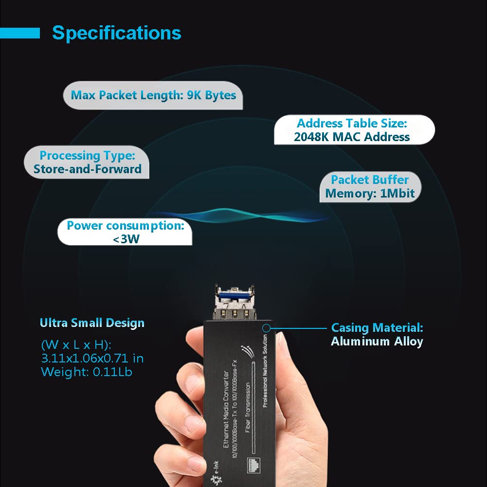 Micro Mini Gigabit Fiber Media Converter Small Size Ultra-Compact 10/100/1000Mbps Ethernet IP Copper to Fiber Optic Converter with Single Mode 1310nm 20km SFP Module USB Type-C Power Input