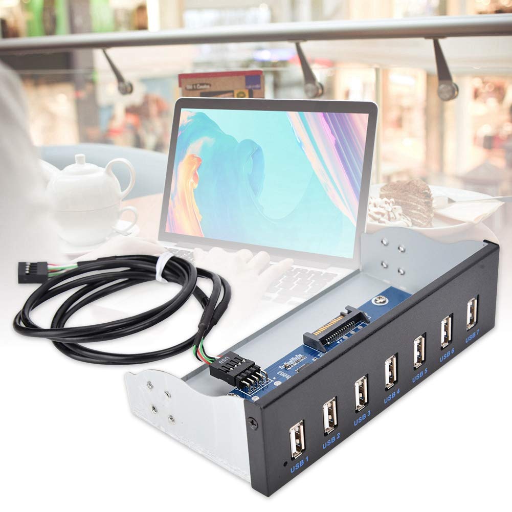 7 Port USB Hub Drive Bay USB Hub Box Panel 7 Port USB2.0 Lossless Data Transmission USB Hub Drive Panel for 5.25in Computer Box