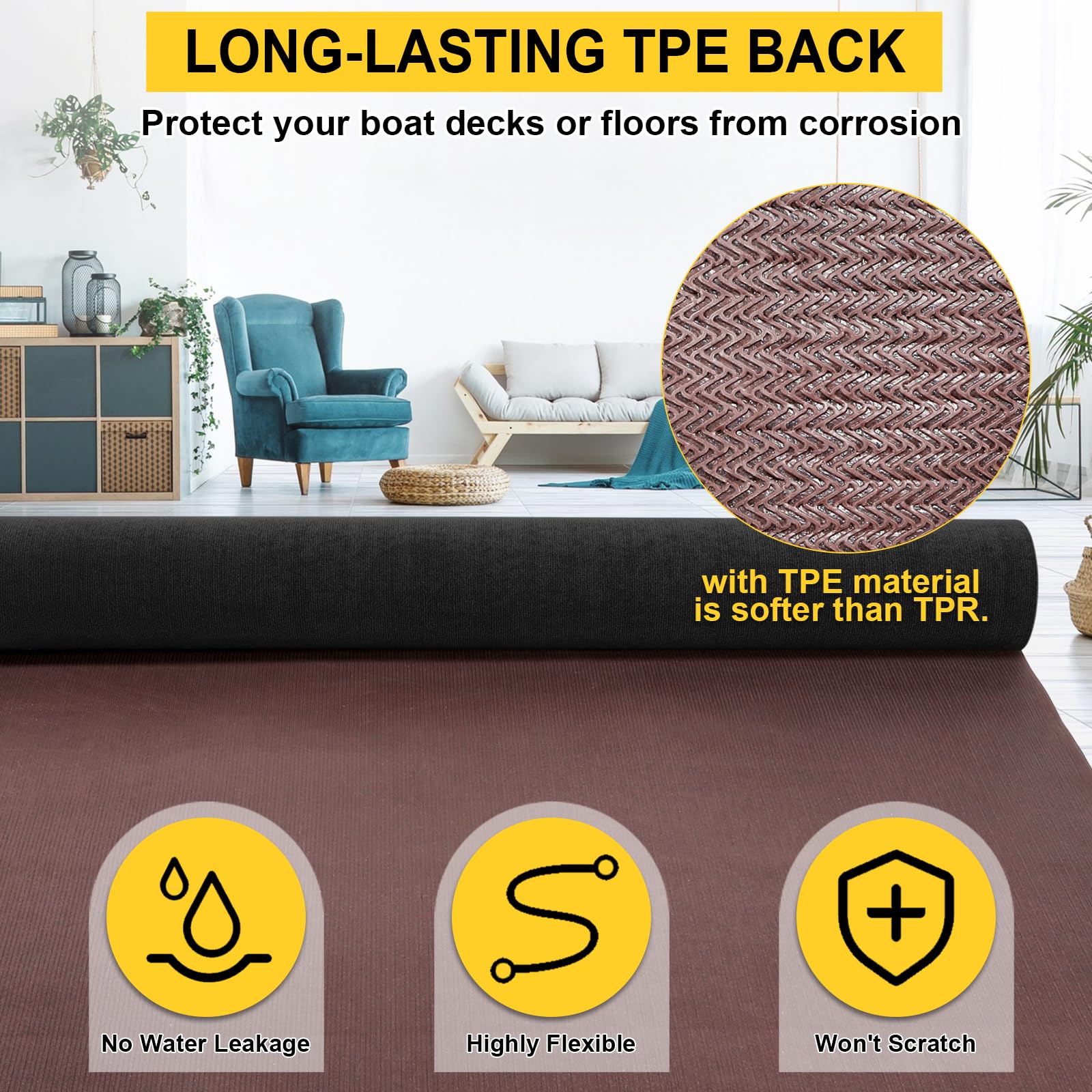 Grefinity Marine Carpet,6 FT x 18 FT Black Indoor Outdoor Carpet 0.2" Thick Boat Carpet with Water-Proof TPE Backing, Non-Slide Outdoor Marine Carpet Roll for Home, Patio, Porch, Deck