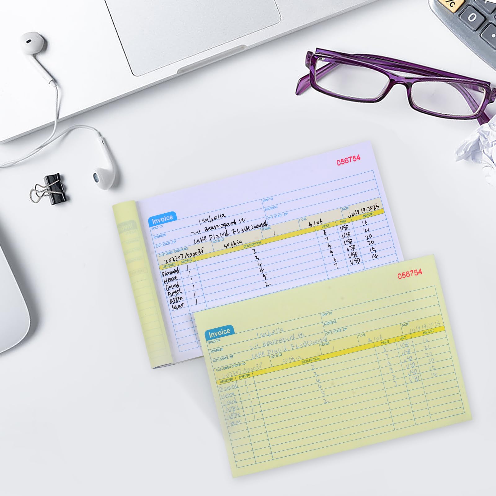 2 Packs Invoice Book for Small Business 2-part Carbonless, 5-1/8βx7-29/32β Receipt Book for Small Business, White/Canary Invoice Receipt Book, Purchase Order, Sales Order(50 Sets per Book)