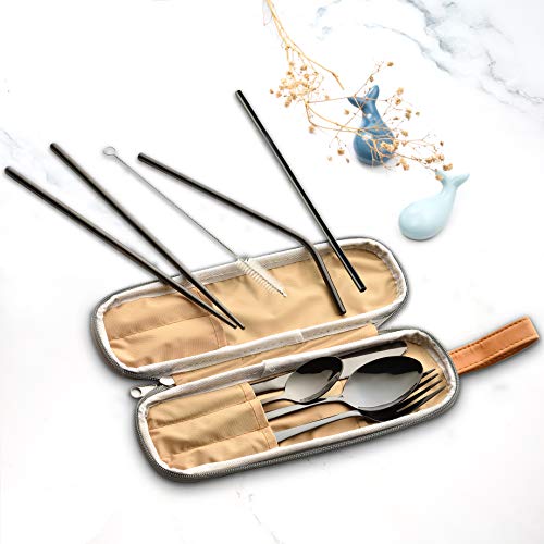EvaCrocK Travel Utensils with case | 9-Piece Reusable Utensils, Stainless Steel Portable Silverware Travel Cutlery set, Camping Flatware Utensil sets for Lunch [9 Piece Black]