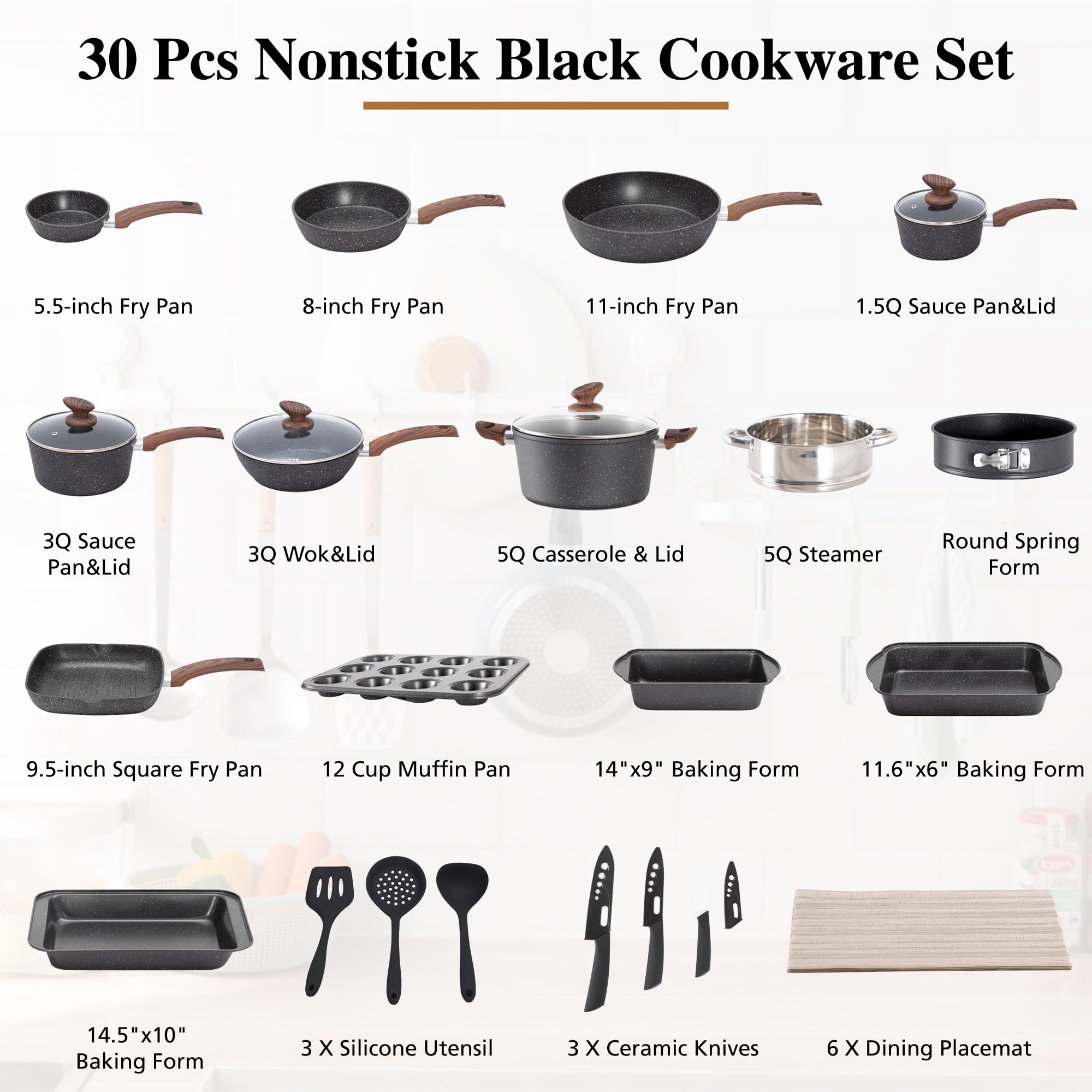30 Piece Pots and Pans Set Non Stick, Granite Induction Cookware Sets, Nonstick Kitchen Cookware Sets, Non Toxic Cookware Set with Frying Pans and Saucepan, Kitchen Pots and Pans Set, Black