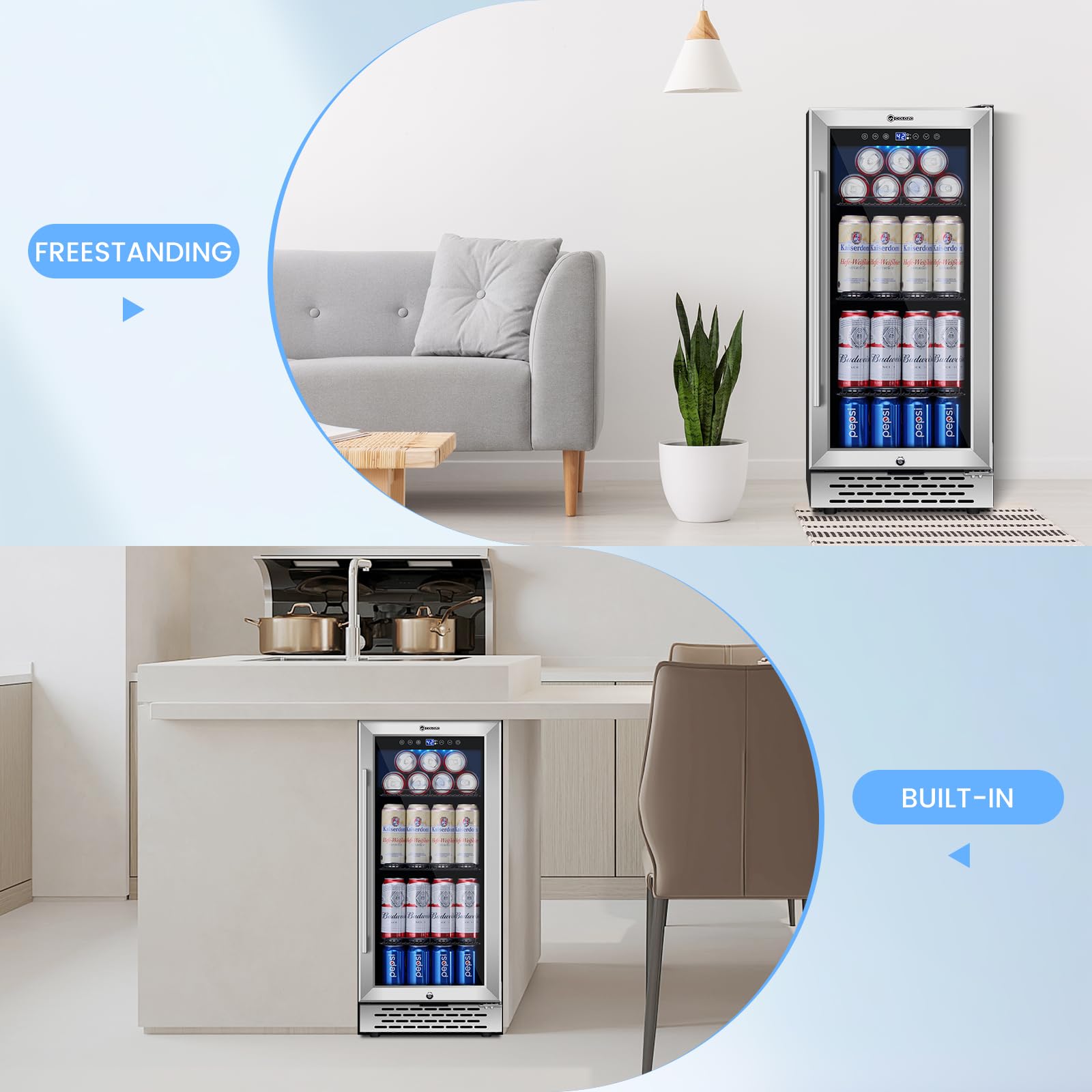 24 Inch Wine and Beverage Refrigerator Under Counter, Dual Zone Black Beverage Fridge with Glass Door&Lock,20 Bottles & 88 Cans Wine and Beverage Cooler, Freestanding Mini Fridge for Bedroom Home
