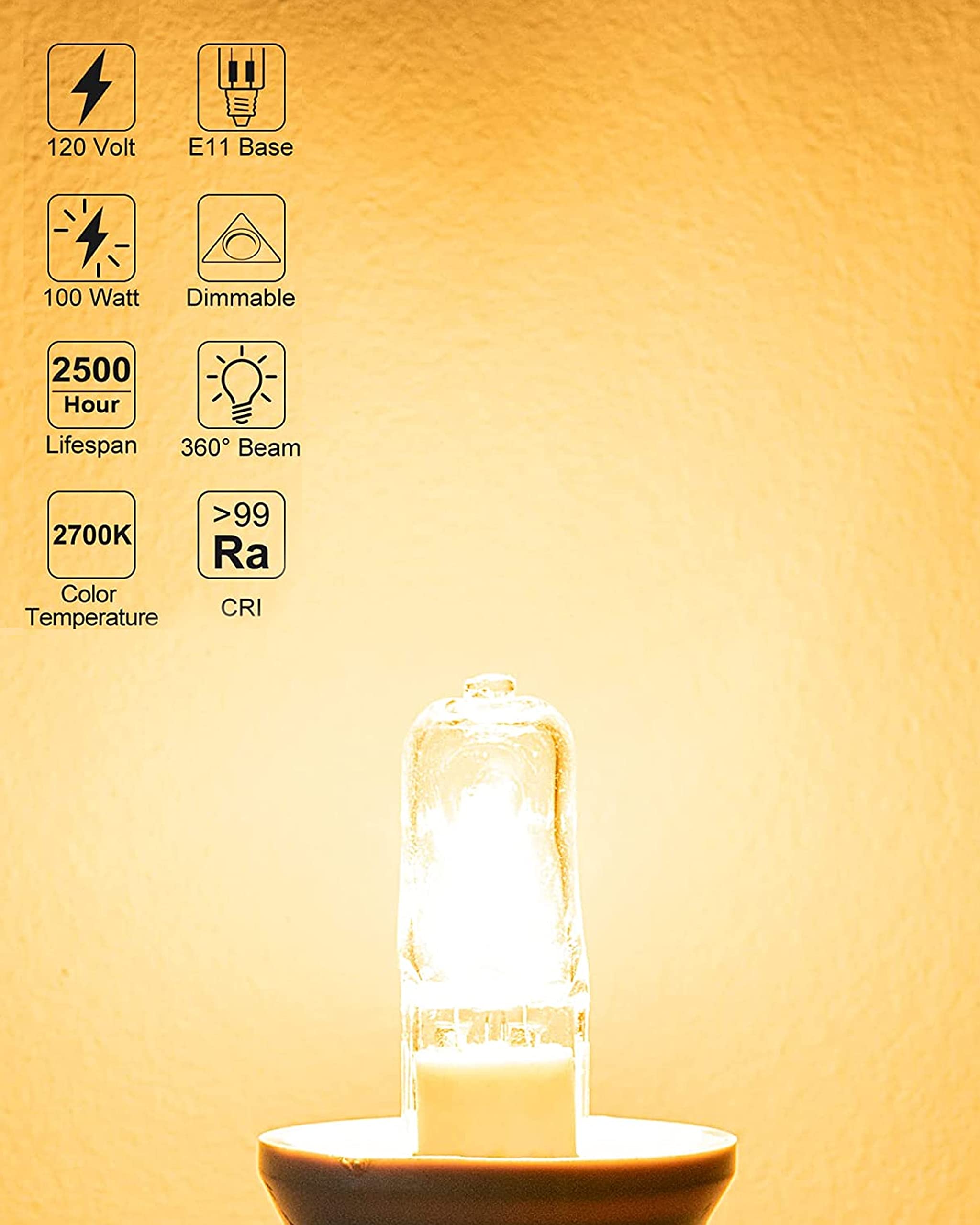 4 Pack JDE11 Bulb,120V 100W Halogen Candelabra Bulbs,T4 Mini Base JD E11 Bulb ,Dimmable 2700K Warm White(Replacement E11 LED bulb),for Chandeliers,Candelabra,Ceiling Fan, Table Lamps, Cabinet Lighting