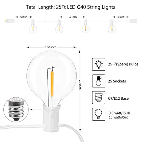 25Ft LED Outdoor String Lights Christmas, G40 Globe Patio String Lights Waterproof with 27 Shatterproof LED Bulbs, Hanging Christmas Decorations Lights for Backyard Porch Garden Bistro Party- White