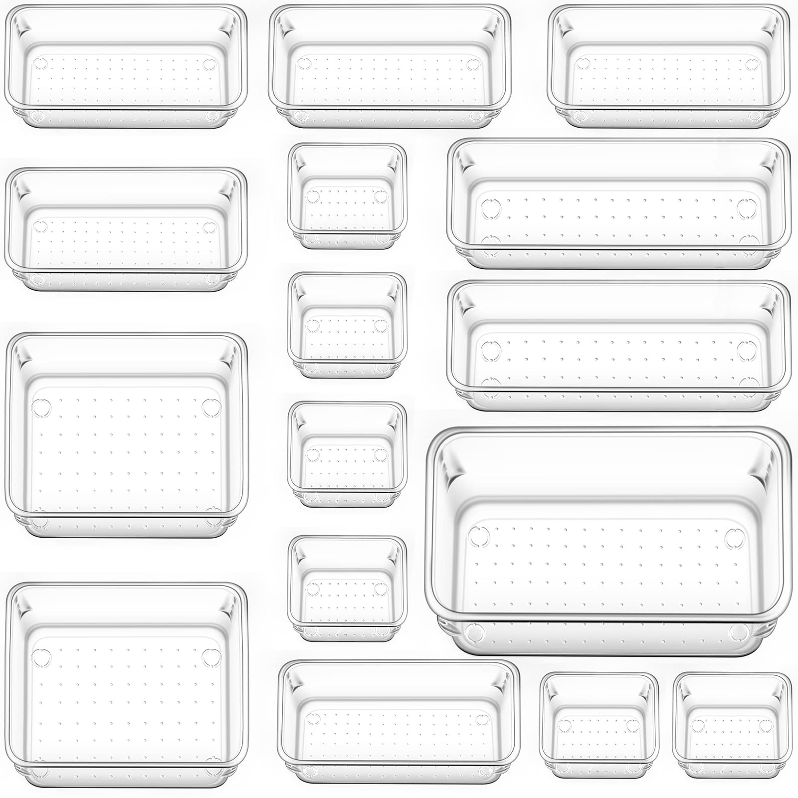 16 PCS Clear Plastic Drawer Organizer Set, 5-Size Desk Drawer Divider Vanity Drawer Organizer Trays, Versatile Storage Bins for Makeup, Jewelry and Office, Desk, Bathroom, Bedroom, Kitchen