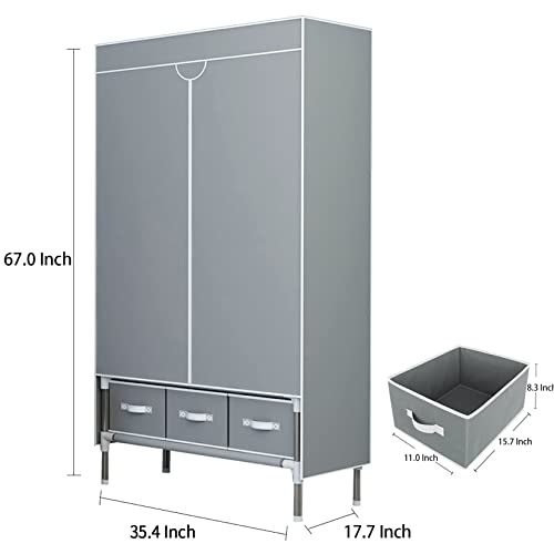 ASSICA Portable Clothes Closet Rolling Door Wardrobe with Hanging Rack Non-Woven Fabric Storage Organizer with Three Drawer Boxes No-Tool Assembly - 35.4 x 17.7 x 67.0 ββ (Gray)