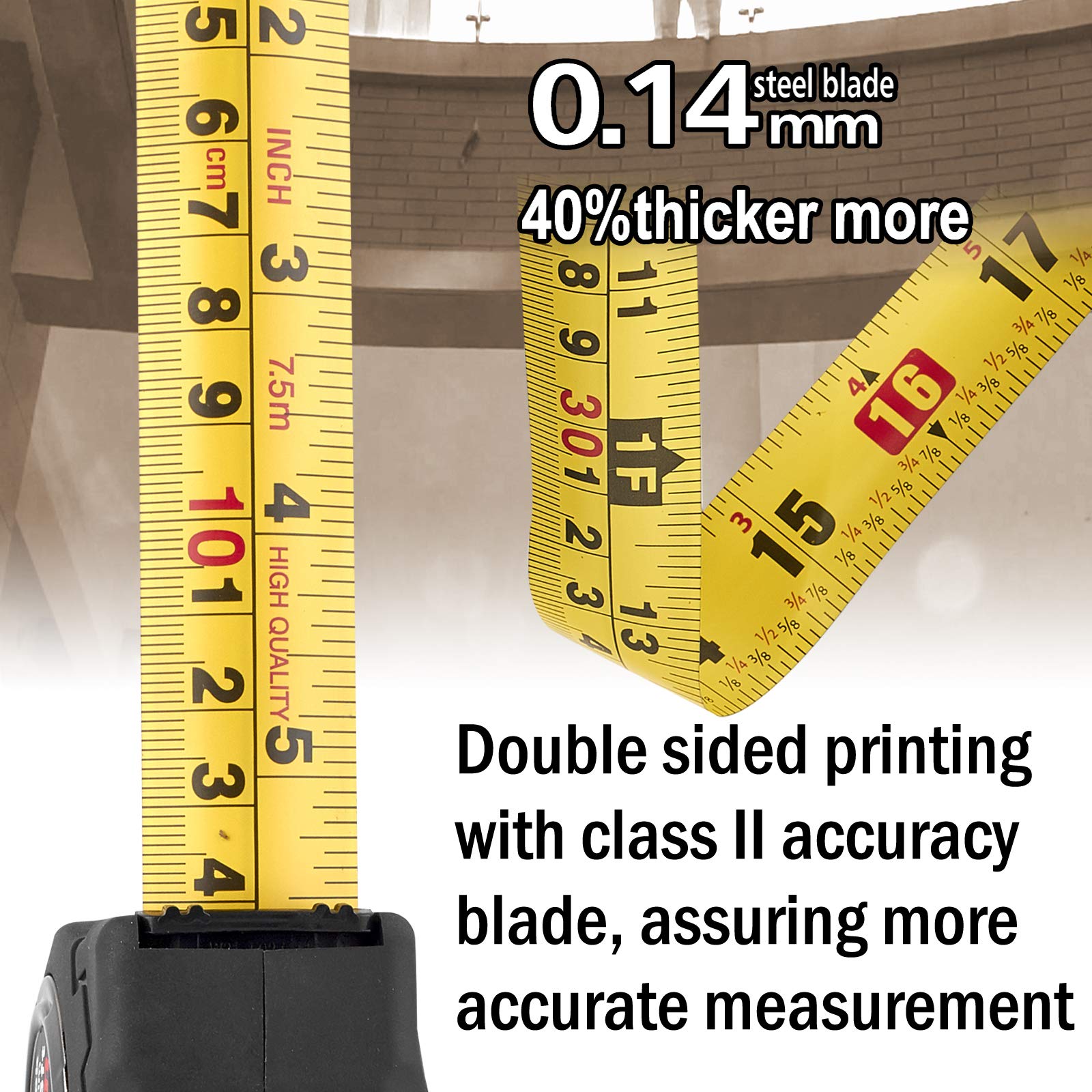 25FT Measuring Tape by ASSIST-Easy Read Double Side Printing with Metric and Inches,2.6m Level Standout Blade,Heavy Duty Shock Absorbent Rubber Case-for Construction,Surveyor