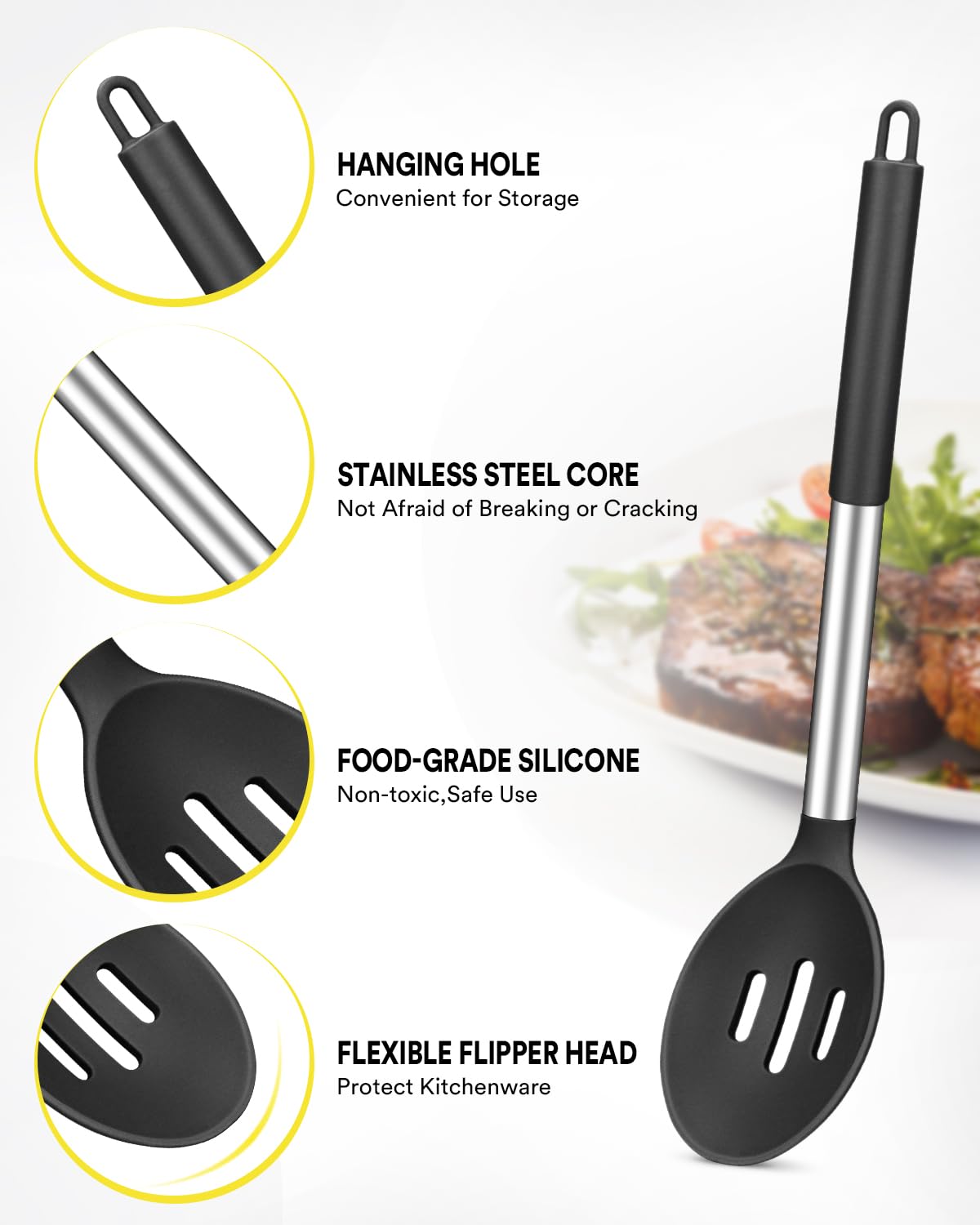 2 Pcs Silicone Cooking Spoons, Solid and Slotted Spoon Set, Non-Stick BPA Free Heat-Resistant Basting Kitchenware for Soup, Serving, Draining, Stirring(Grey)