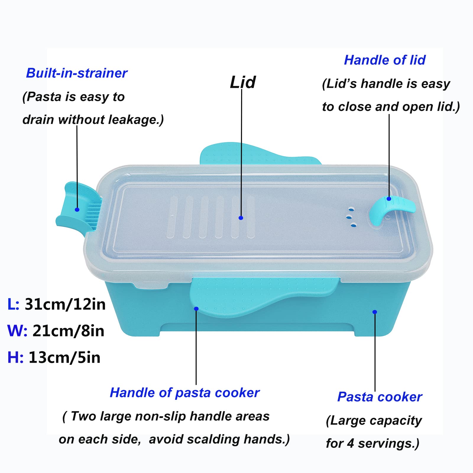 2000ML / 68OZ Microwave Pasta Container Cooker, Noodles Cooker with Strainer. Quickly Cooks up to 4 Servings Pasta, Cute Elephant-Shaped Multifunctional Cooker for Dorms, Kitchens or Offices.(Blue)